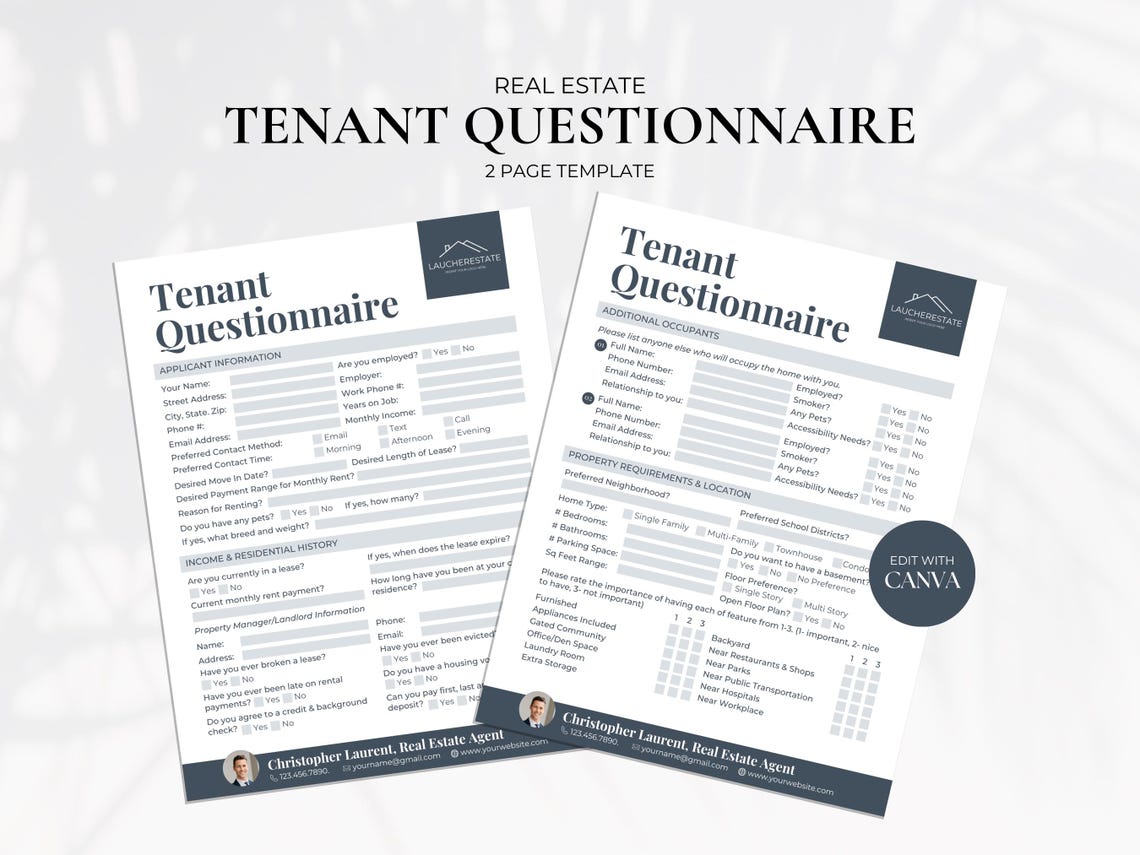 Real Estate Tenant Questionnaire Form, Rental Intake Form, Rental ...