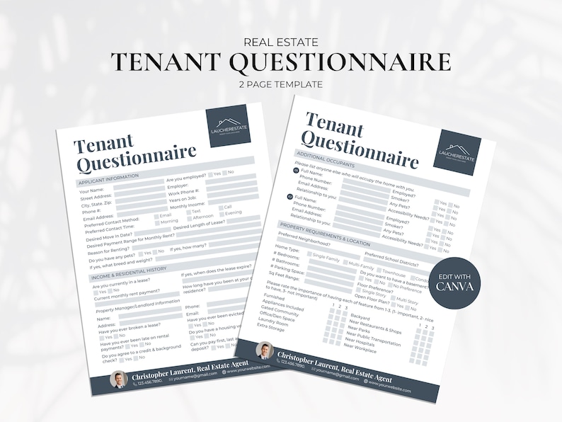 Real Estate Tenant Questionnaire Form, Rental Intake Form, Rental ...