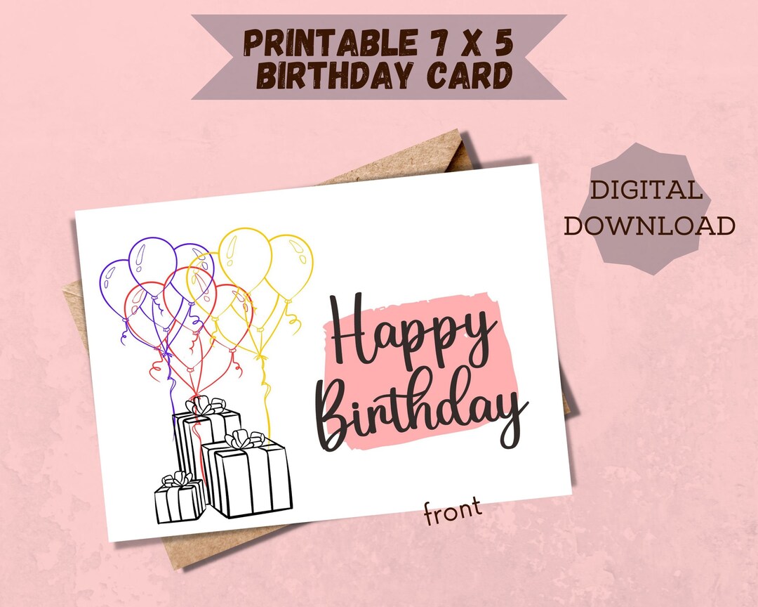 Printable Birthday Card, Balloons and Gifts Design (digital Download ...