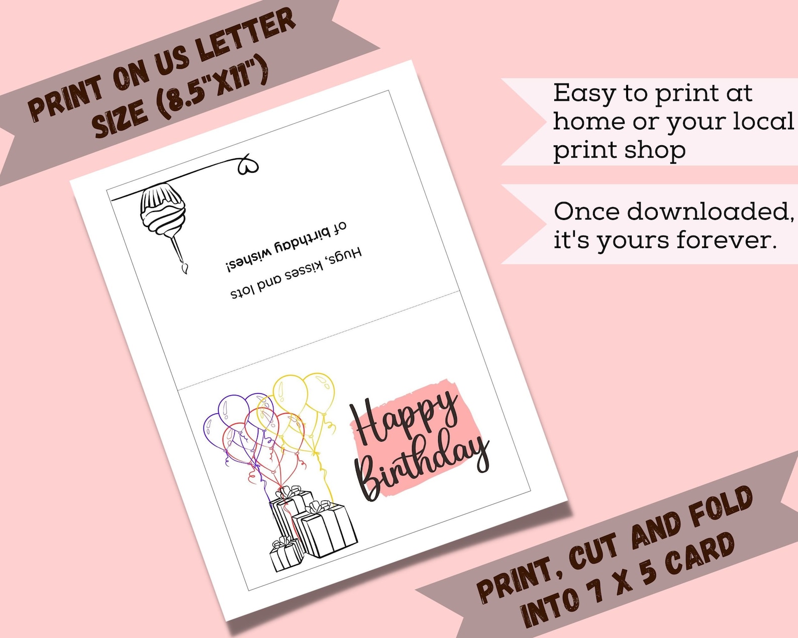 Printable Birthday Card, Balloons and Gifts Design (digital Download ...