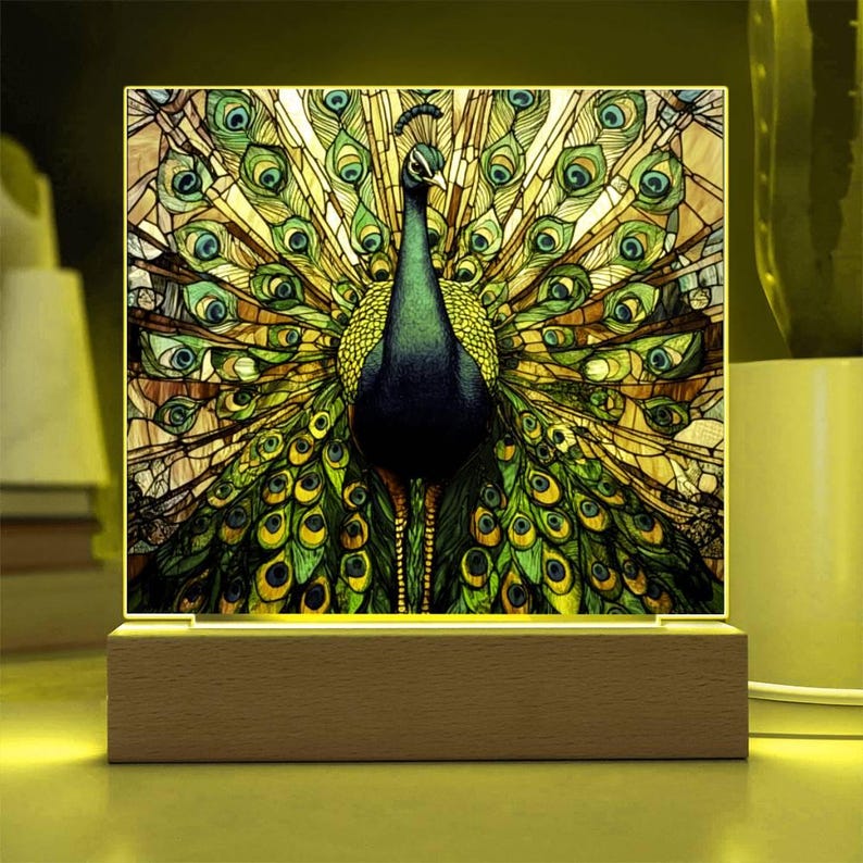 Peacock Stained Glass Effect Acrylic Plaque LED Light Gift for Bird ...