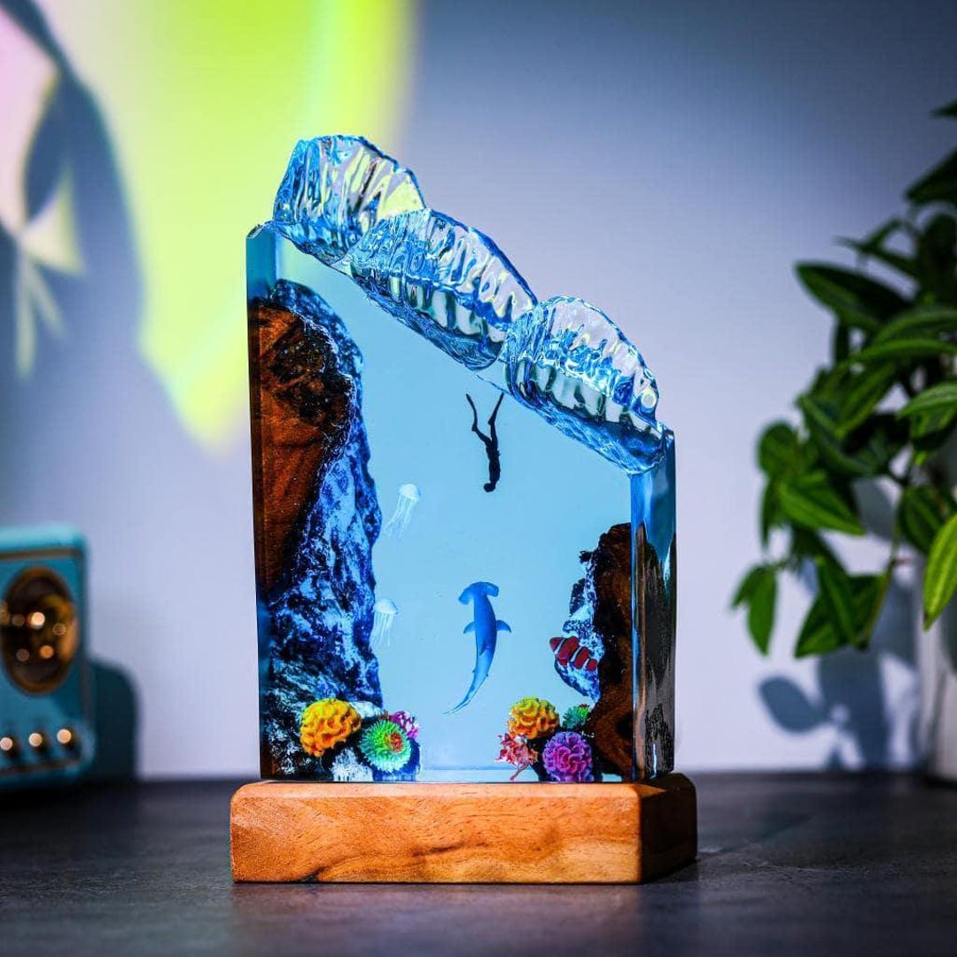 Clearance Hammerhead Shark & Diver Night Light, Ocean Scene Resin Art ...