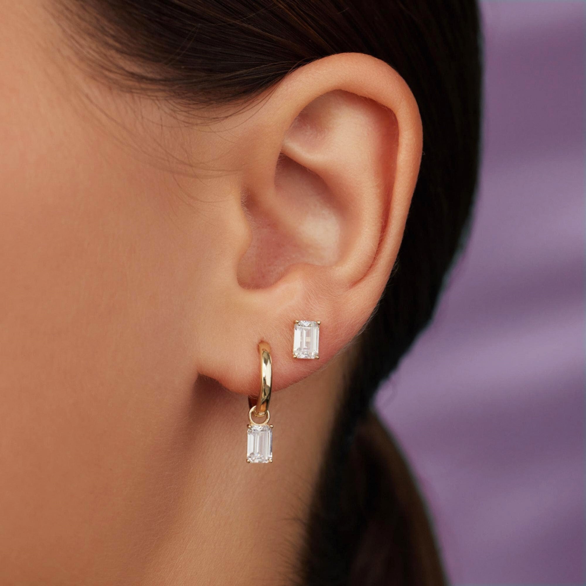 9K Solid Gold, Dangle Baguette Hoops Earrings. A Pair of Diamond Cut ...