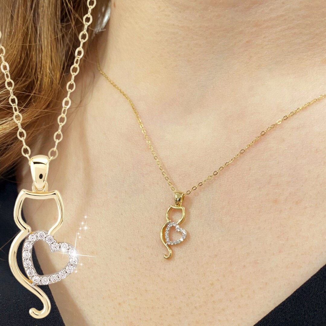 Solid Gold Cat Pendant Necklace, Kitty Necklace, Cat and Heart Charm ...