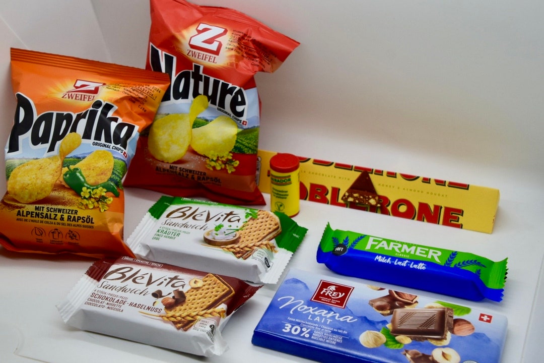 Snackbox gemengd zoet en zout, Zwitserse specialiteiten Zweifel, chips ...