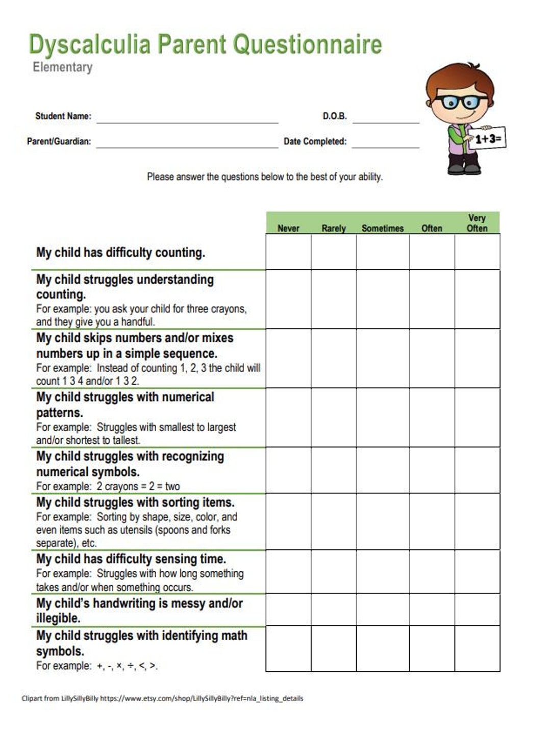 Dyscalculia Parent Questionnaires pre-k 12th Grade - Etsy