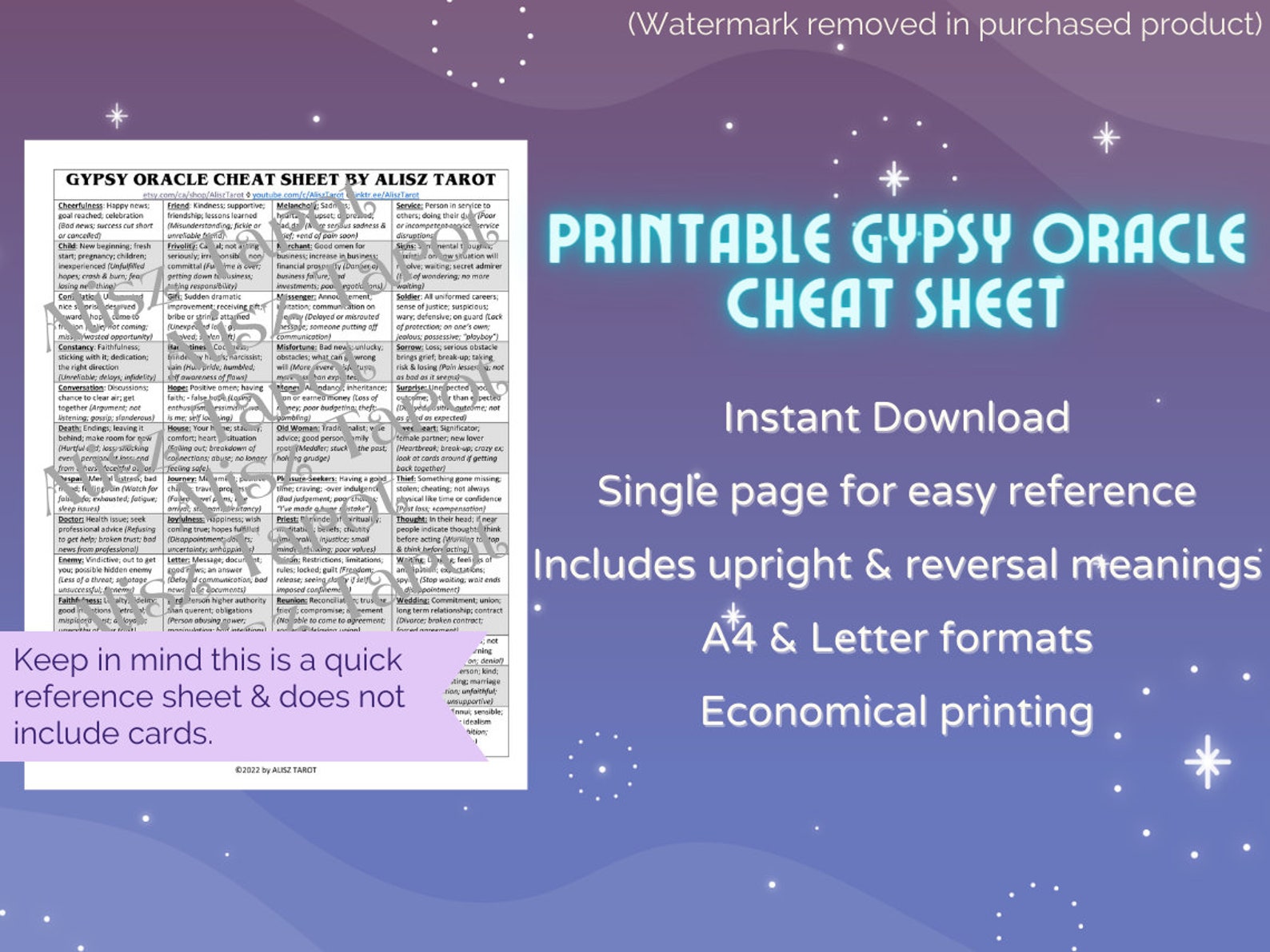 Gypsy Oracle Cheat Sheet Quick Reference Guide Upright & Reversal ...