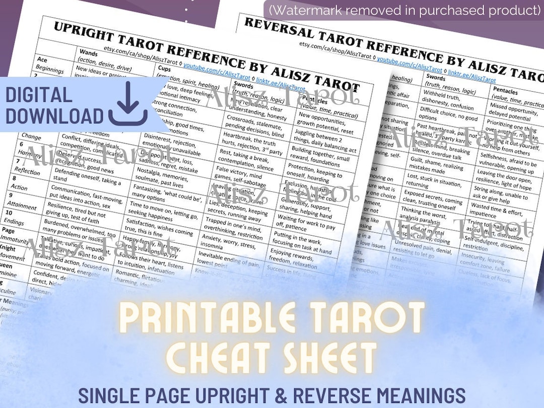 Tarot Cheat Sheet Quick Reference Guide - Major & Minor Arcana Upright ...
