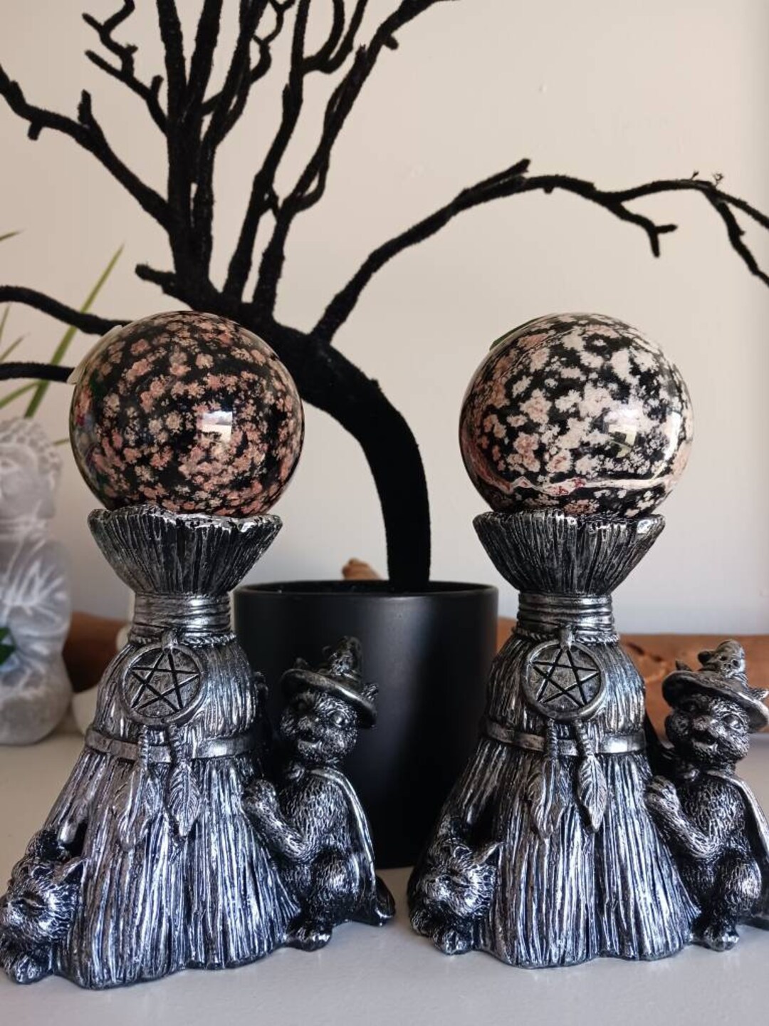 Red Snowflake Obsidian Spheres W/besom Broom and Cat Holder. Wiccan ...