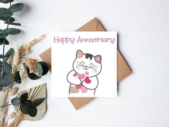 Happy Anniversary Card Super Cute Cat Holding Hearts Design - Etsy