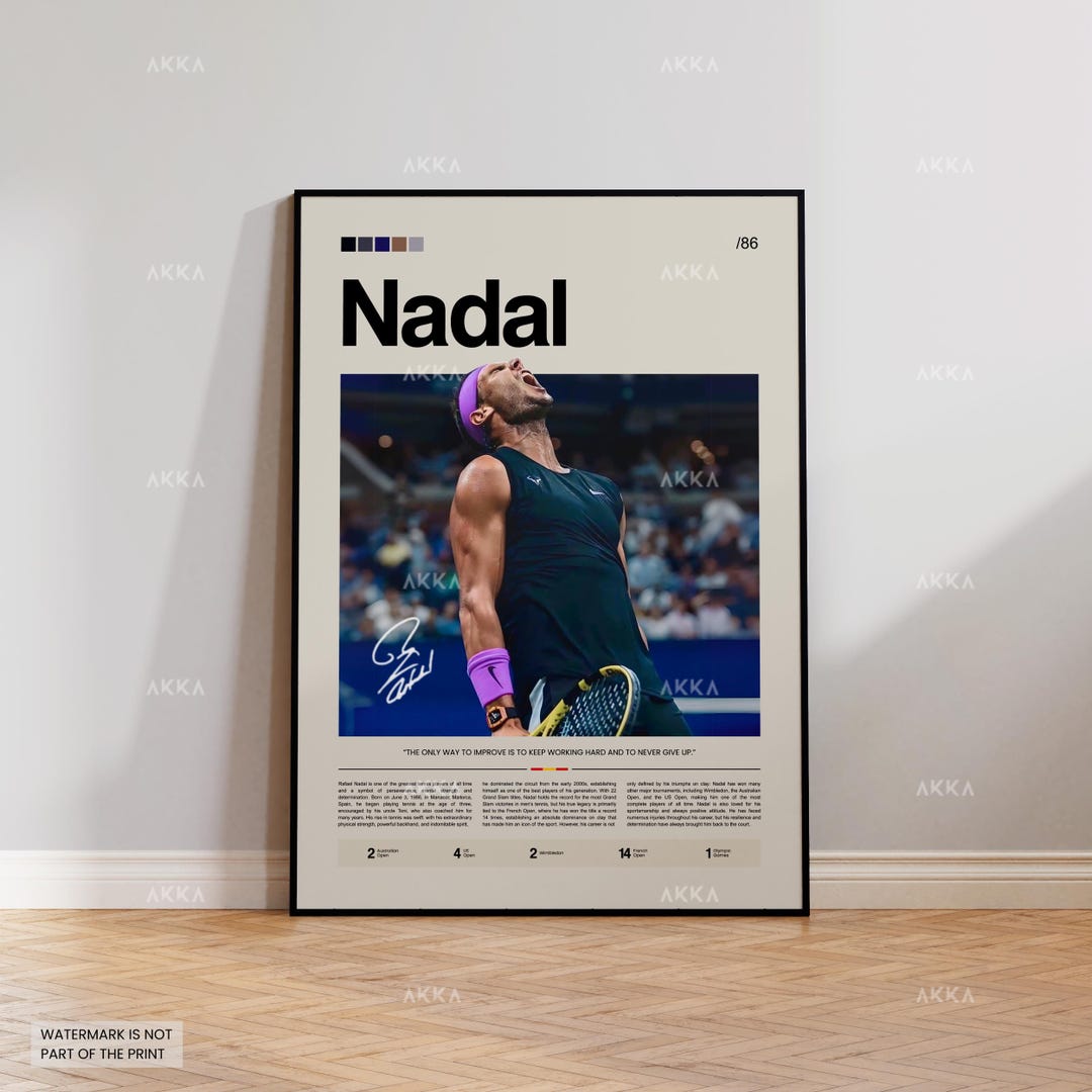 Rafael Nadal Poster, Nadal Tennis Decor, Framed Nadal Print, Tennis ...