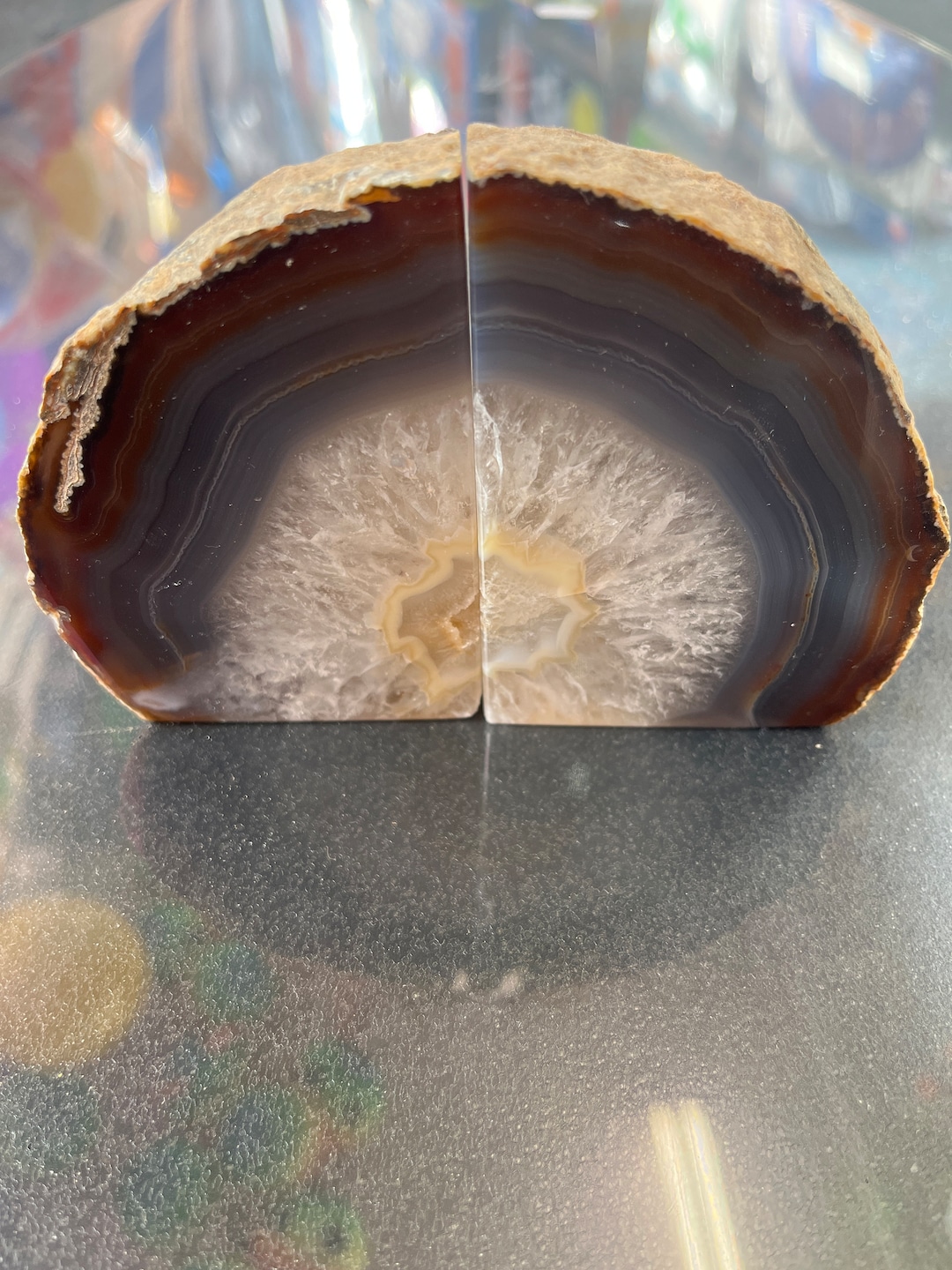 Agate Crystal Nodule Book Ends Natural Large Polished Stone With Quartz ...