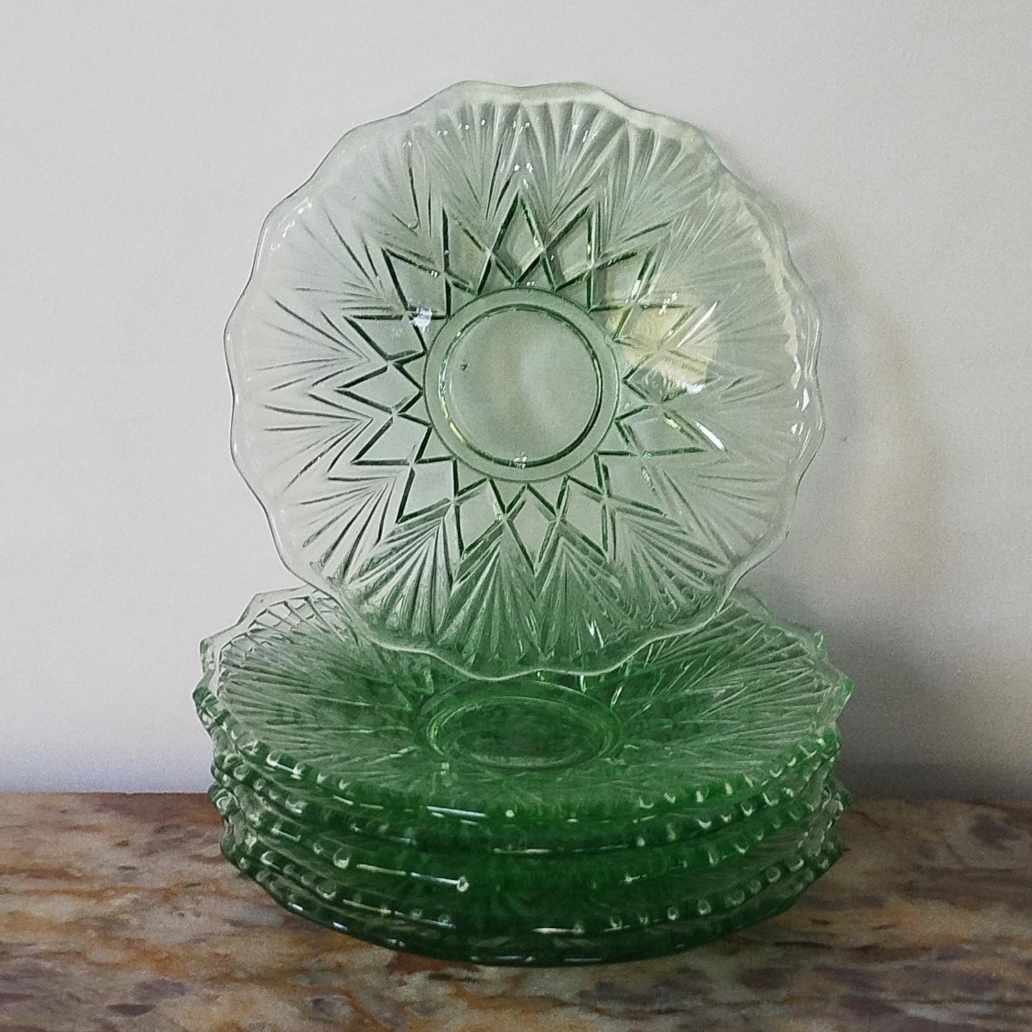 Vintage Green Pressed Glass Cake Plates, Set of 6 - Etsy