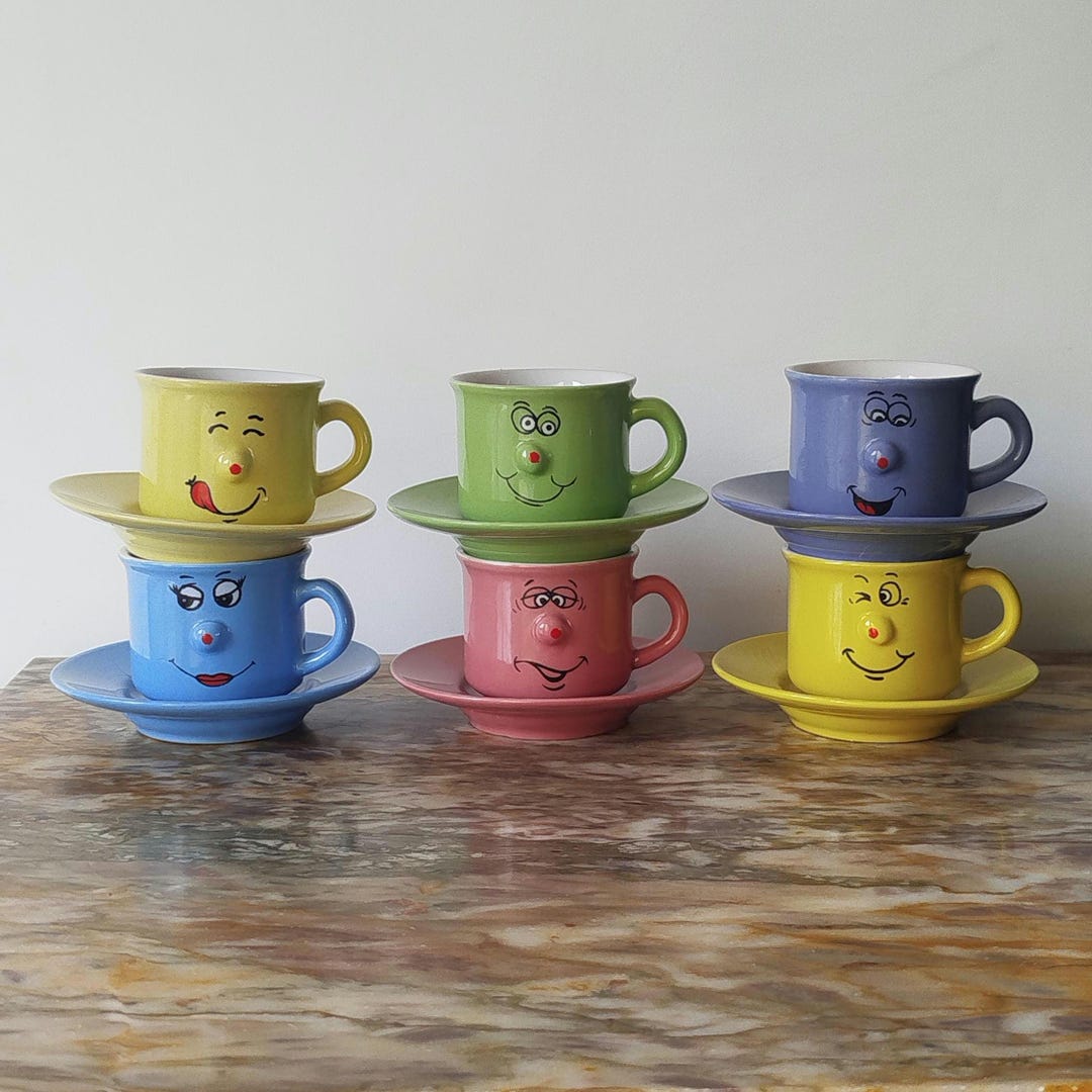 Vintage Break Time Comical Faces Cups & Saucers, Set of 6 - Etsy