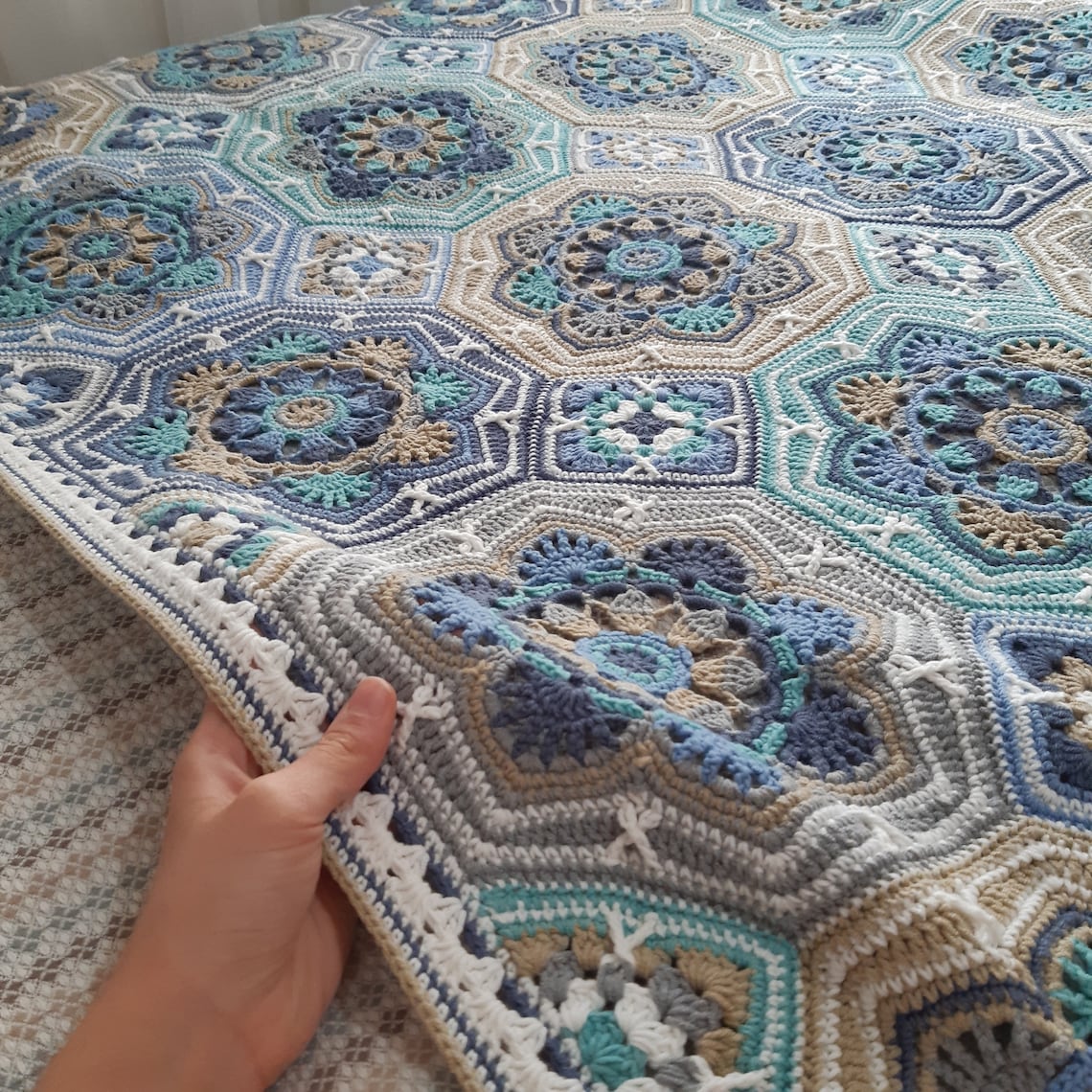 Blue Beige Crochet Blanket Crochet Persian Tiles Blanket - Etsy