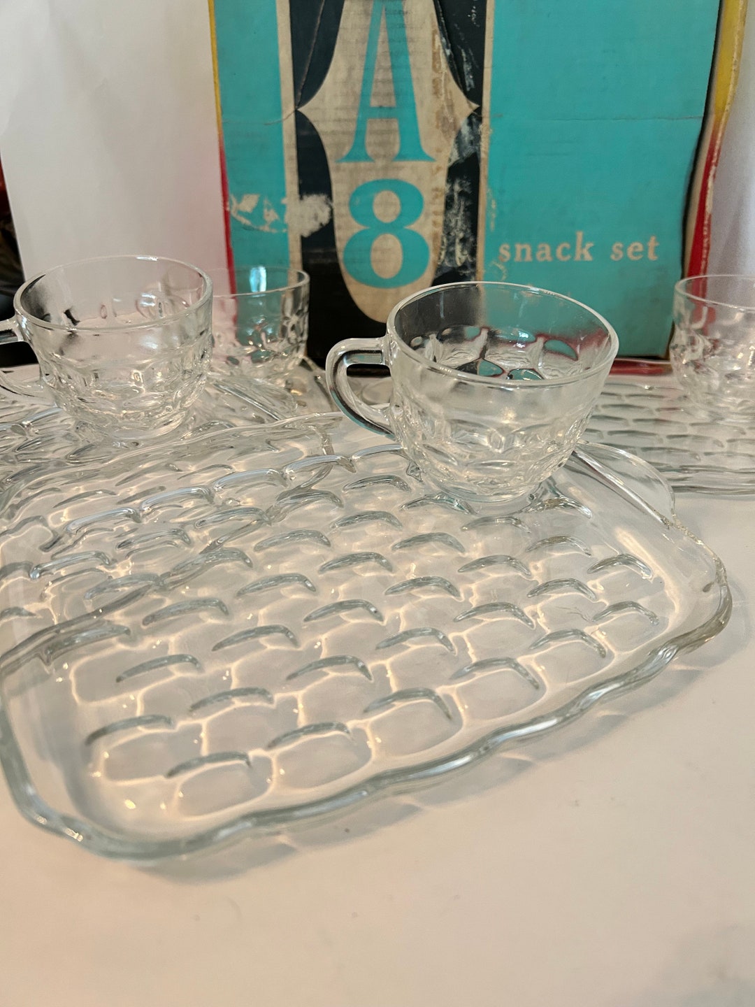 Vintage Federal Glass Yorktown Colonial-snack Set of 4 Cups and Plates ...