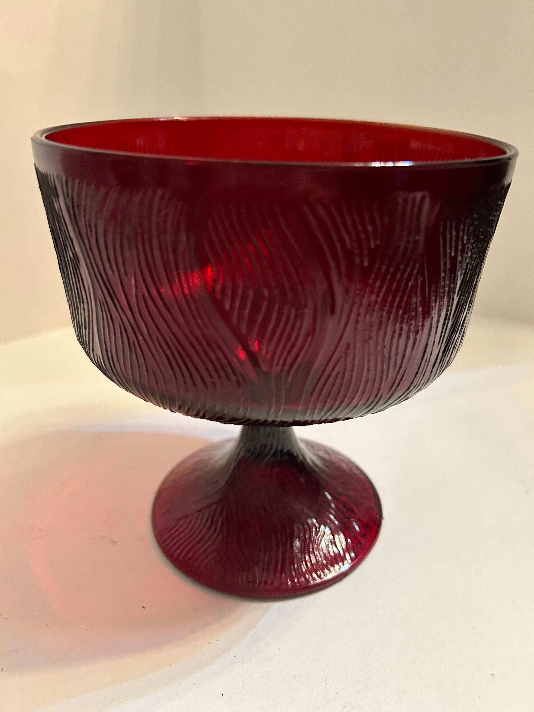 Vintage Deep Ruby Red Pedestal Bowl With Wood Grain Pattern - Etsy