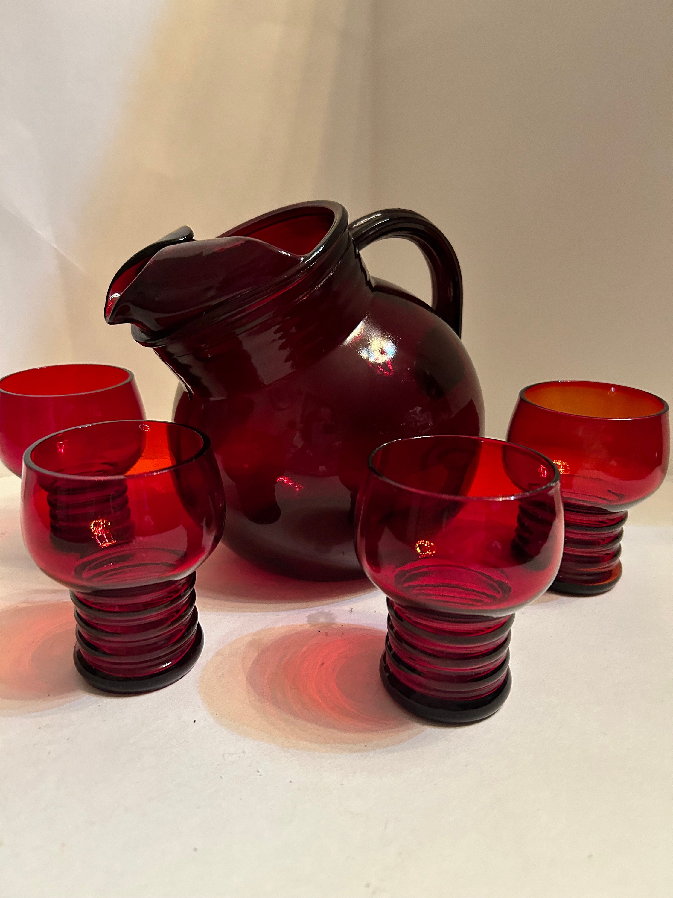 Vintage Red Glass Wide Mouth Pitcher and Ribbed Stem Glasses - Etsy