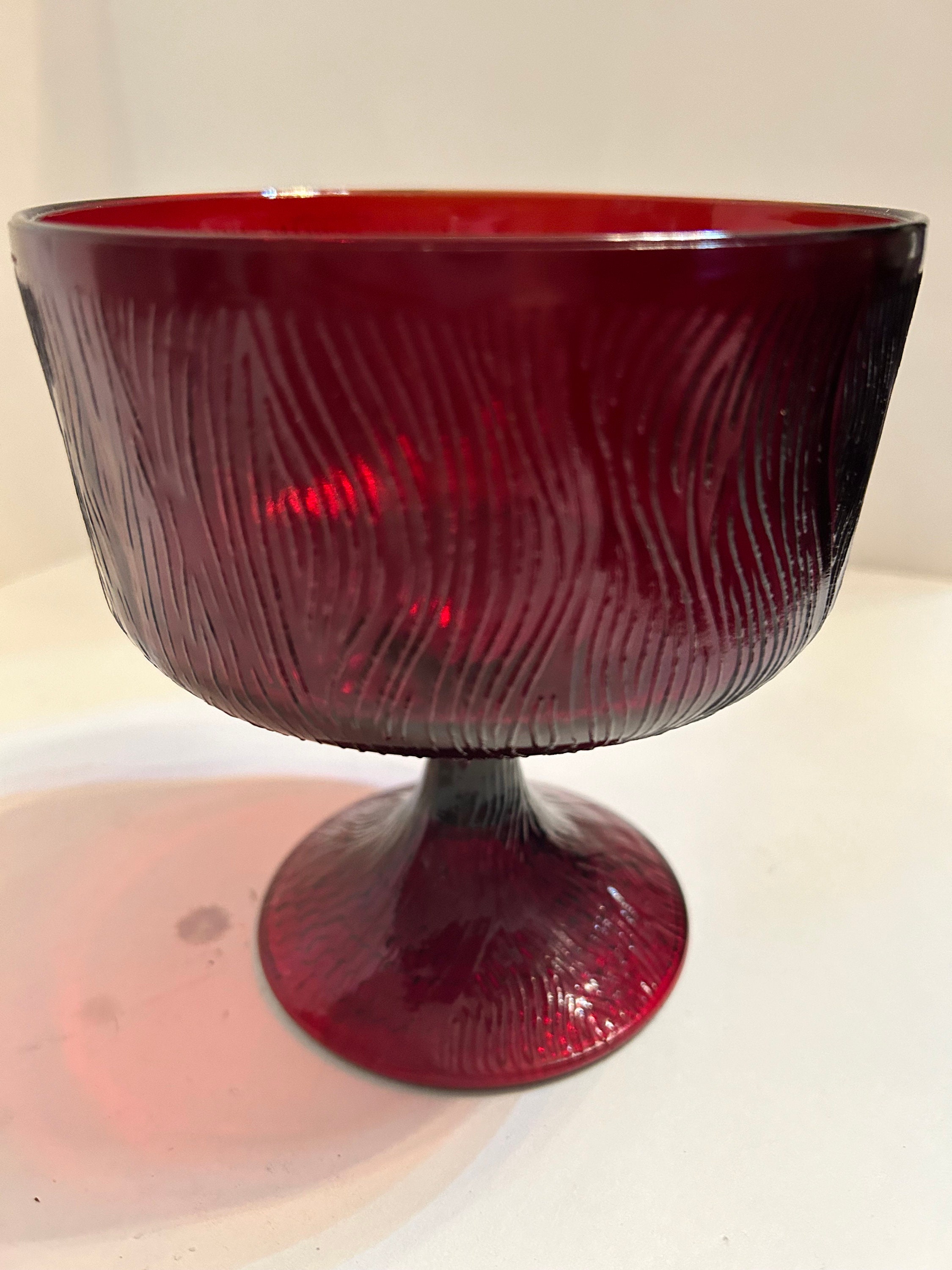 Vintage Deep Ruby Red Pedestal Bowl With Wood Grain Pattern - Etsy
