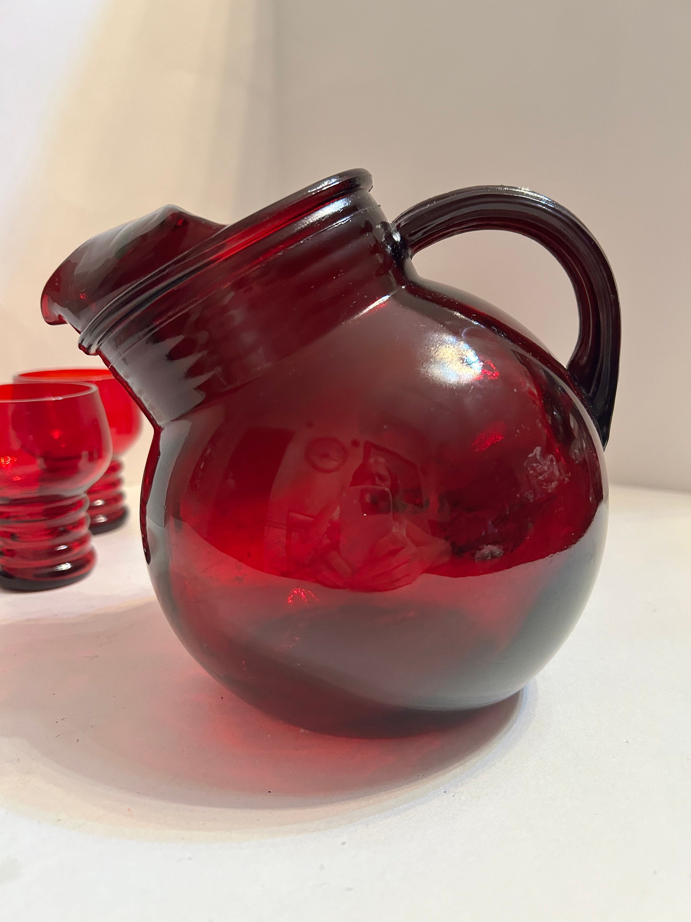 Vintage Red Glass Wide Mouth Pitcher and Ribbed Stem Glasses - Etsy