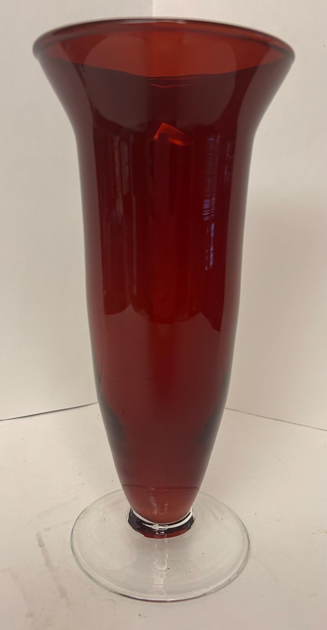 Vintage Ruby Red Tall Glass Vase With Clear Base - Etsy