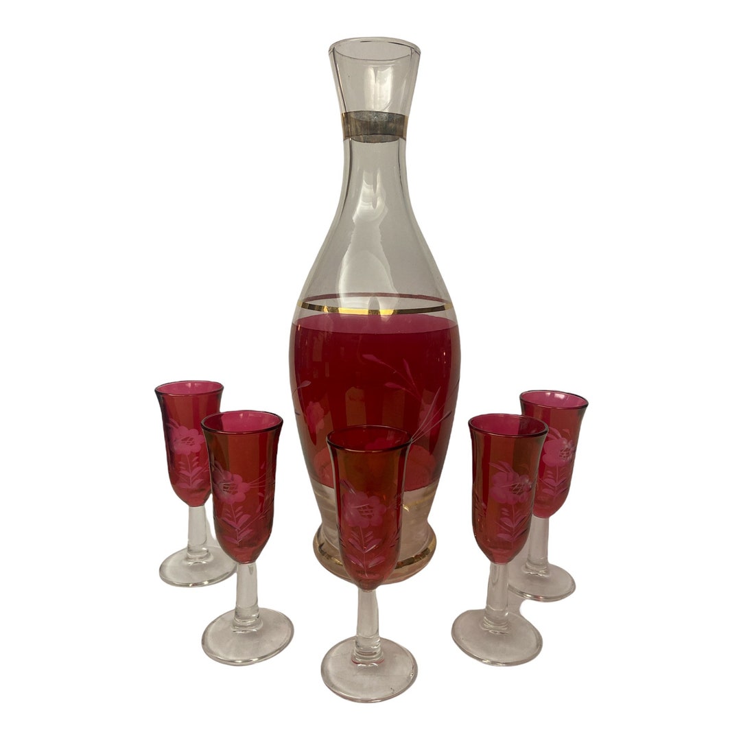 Vintage Ruby Red Etched Glass Decanter and Apertif Cordial Glasses - Etsy