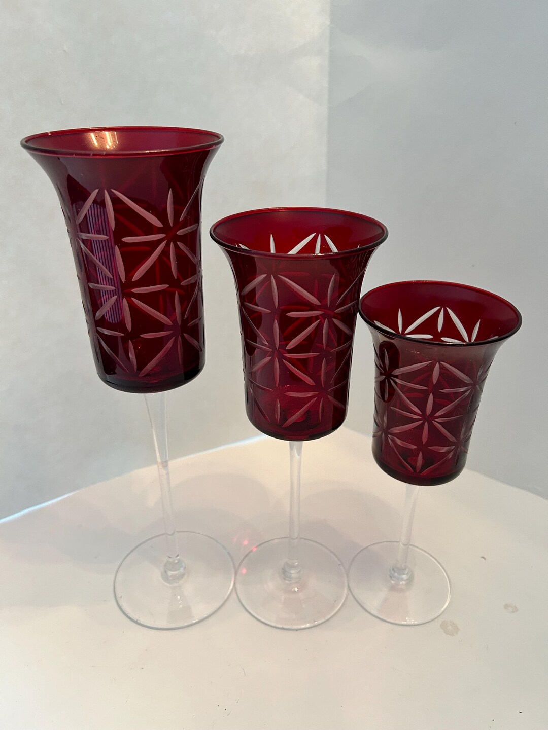 Ruby Red Cut Glass Tall Candle Holders on Clear Stems. - Etsy