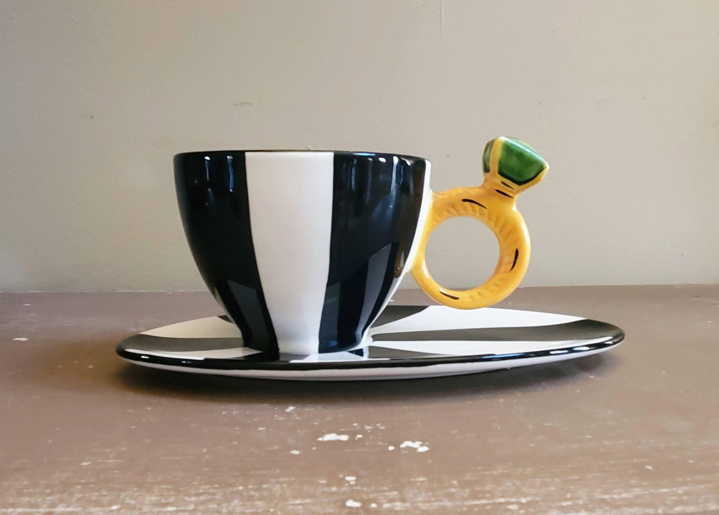 Whimsical Tea Cup and Saucer Teacup Coffee Black White Stripes - Etsy