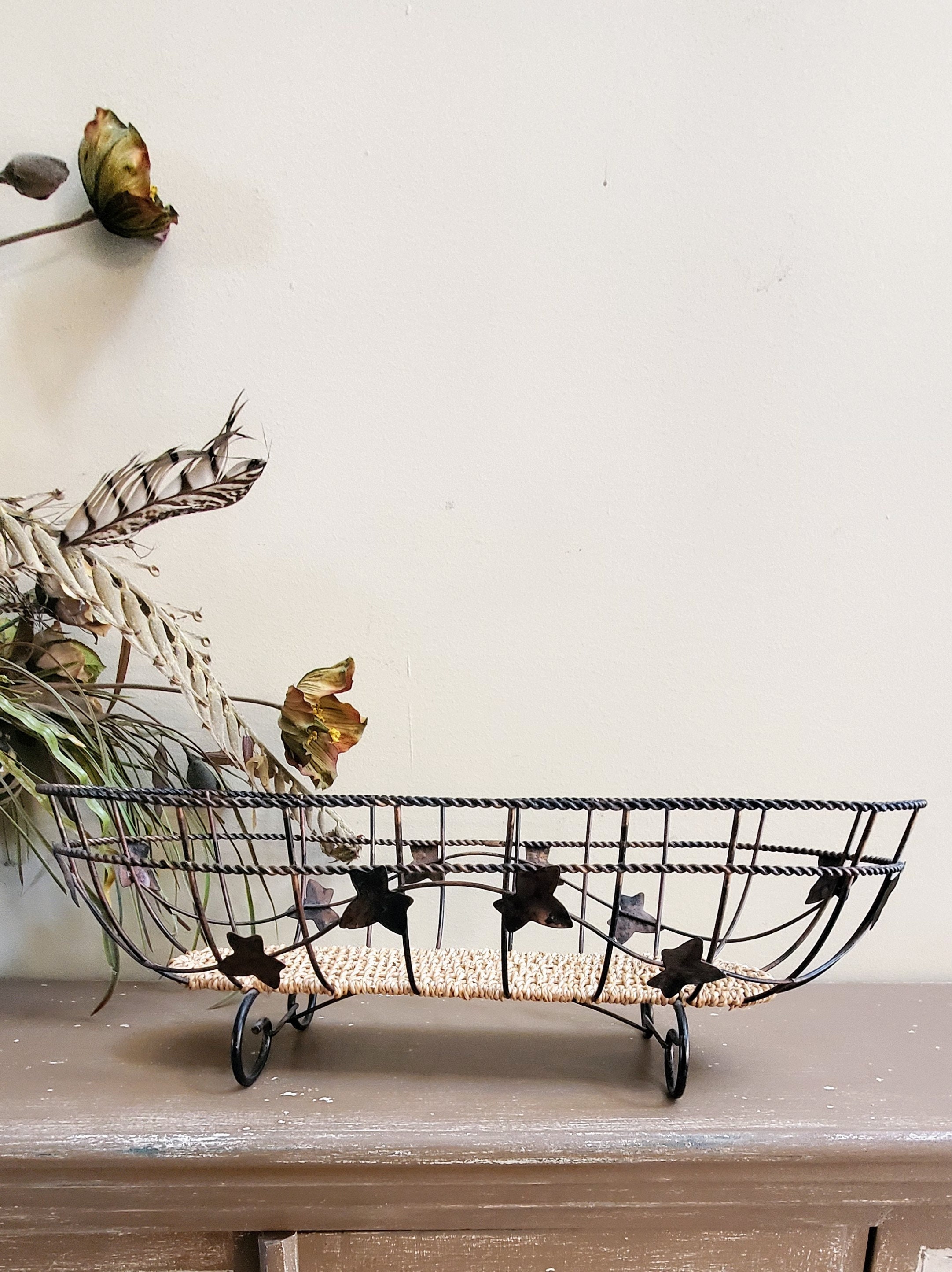 Oblong Wire Leaf Basket Metal Housewarming Gift Fruit With Leaves ...