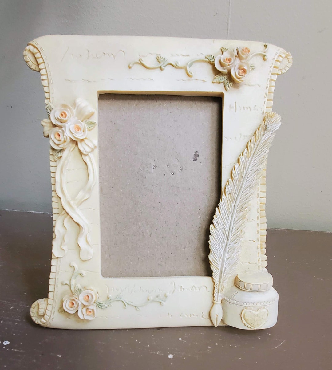 Floral Feather Picture Frame Ornate Retro Ivory Boho Art Vintage Mid ...