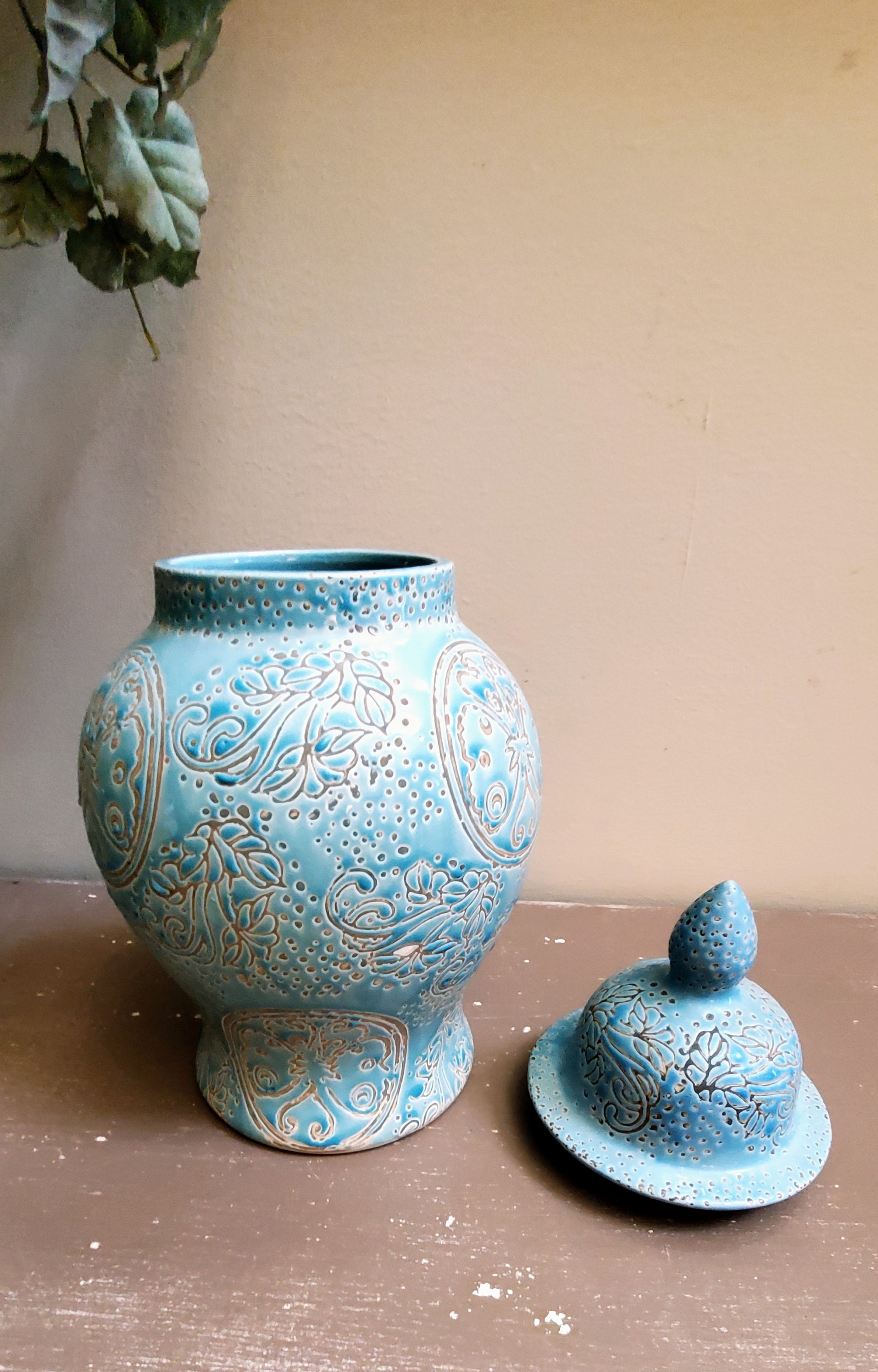 Beautiful Teal Blue Urn Vase With Lid Hand Painted Vintage - Etsy