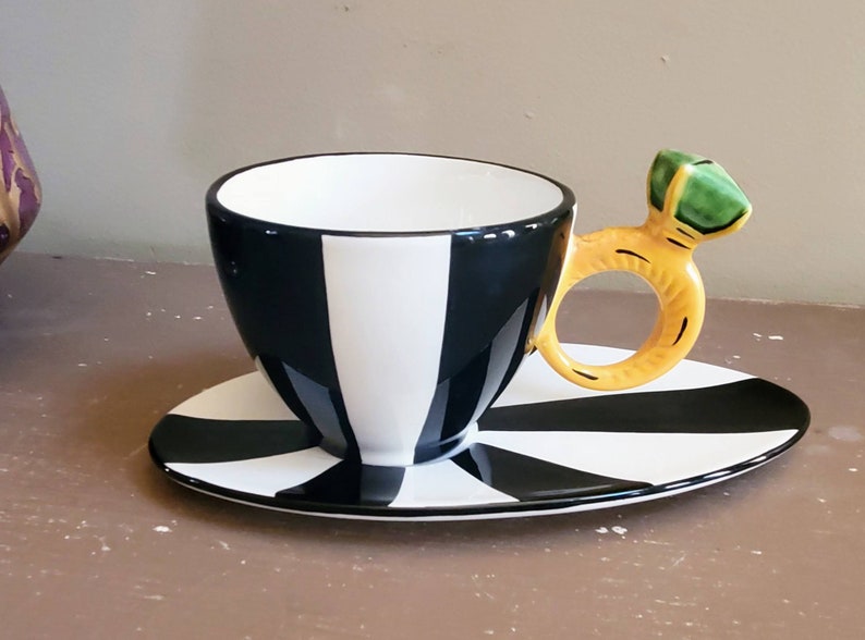 Whimsical Tea Cup and Saucer Teacup Coffee Black White Stripes Unique ...