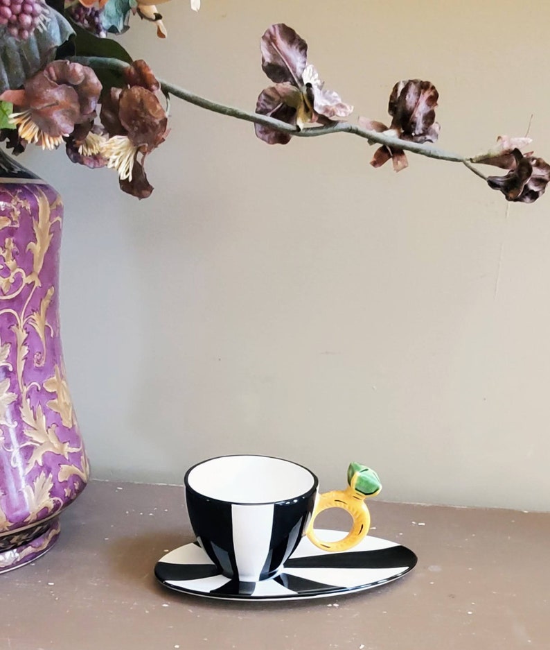 Whimsical Tea Cup and Saucer Teacup Coffee Black White Stripes Unique ...