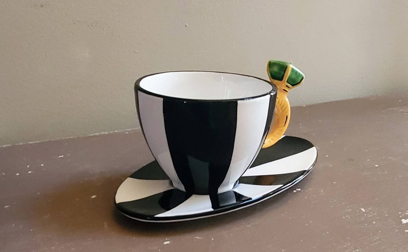 Whimsical Tea Cup and Saucer Teacup Coffee Black White Stripes Unique ...