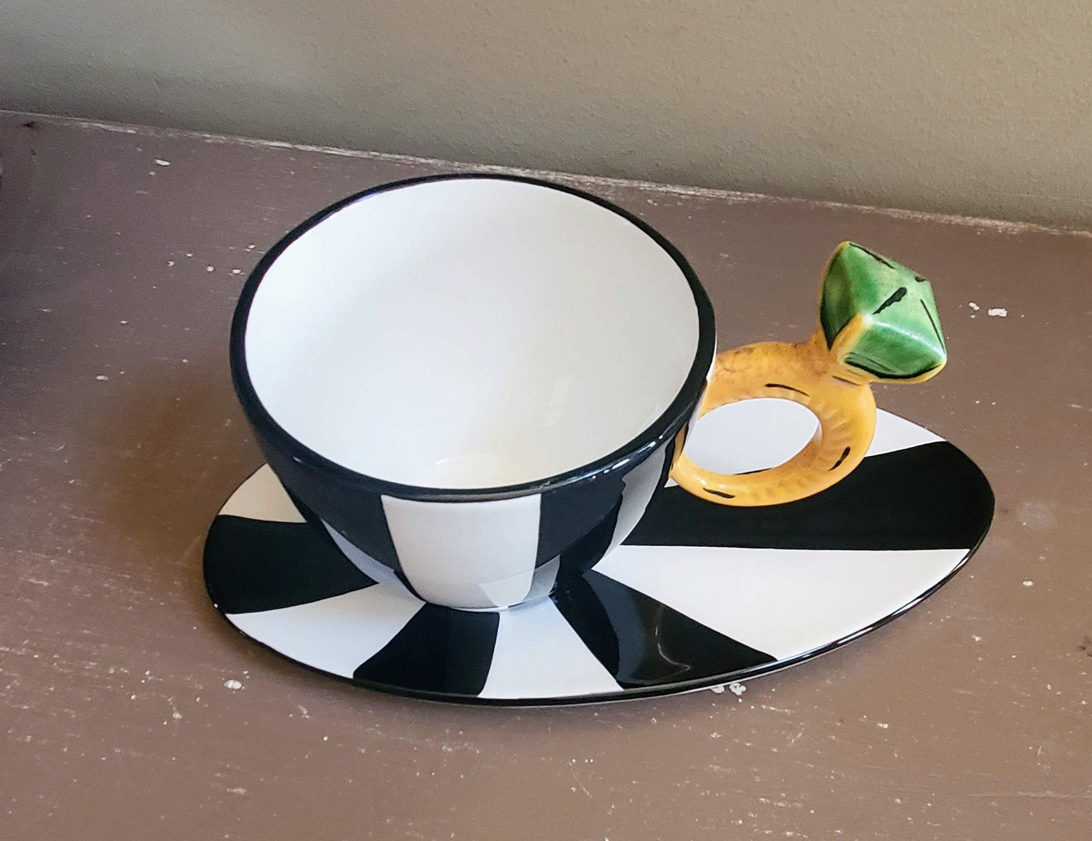 Whimsical Tea Cup and Saucer Teacup Coffee Black White Stripes Unique ...