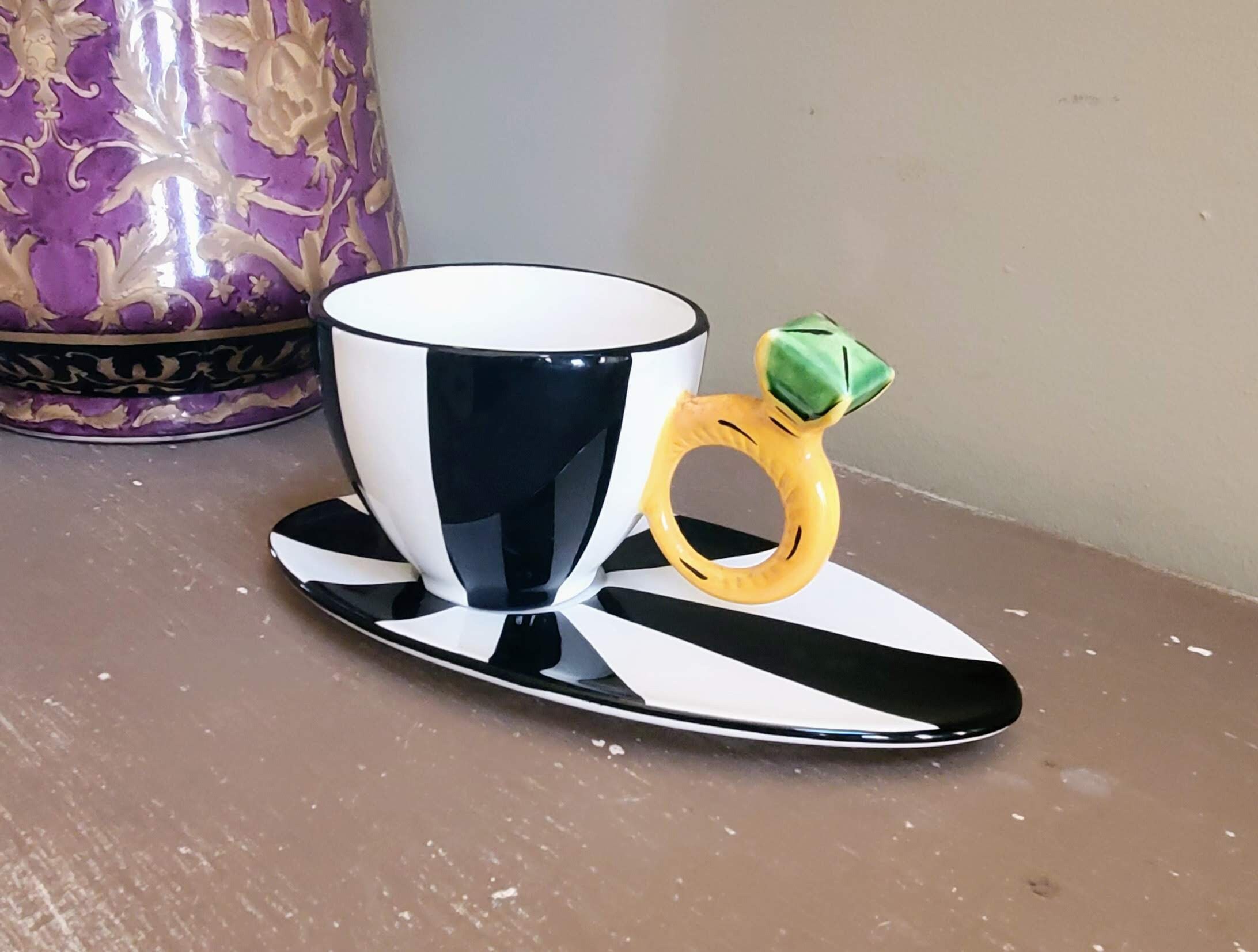 Whimsical Tea Cup and Saucer Teacup Coffee Black White Stripes Unique ...