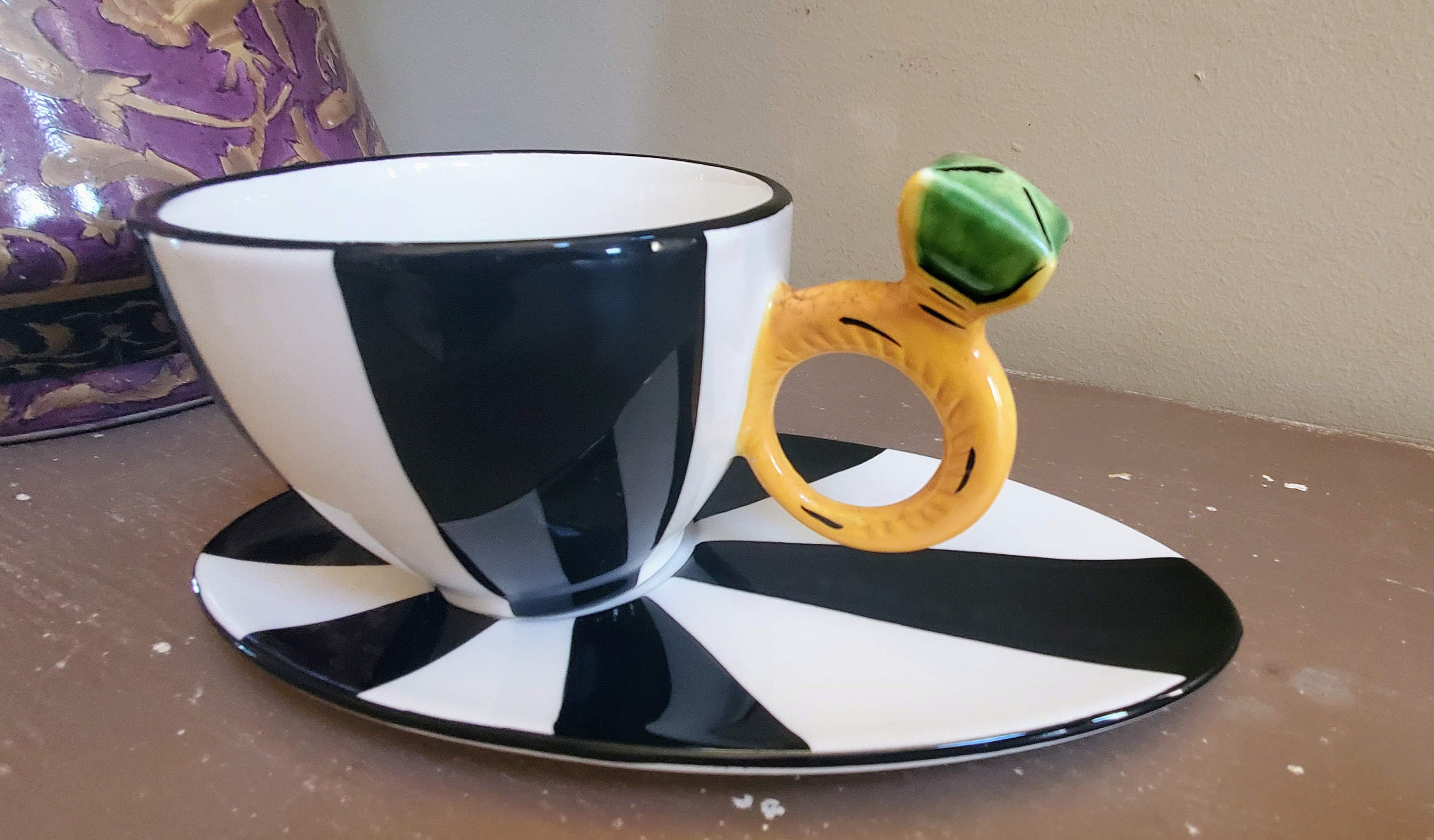 Whimsical Tea Cup and Saucer Teacup Coffee Black White Stripes Unique ...
