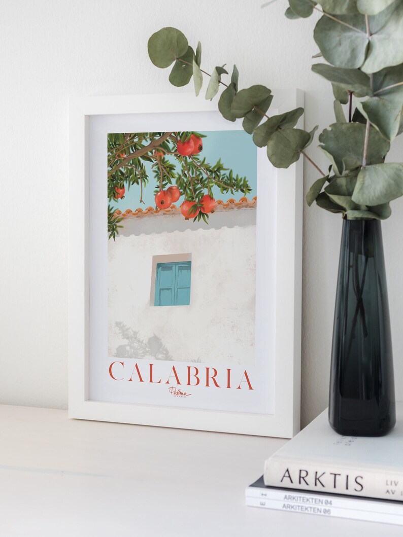 Poster "calabria" Illustration House Italy Fruit Tree Pomegranates Blue ...