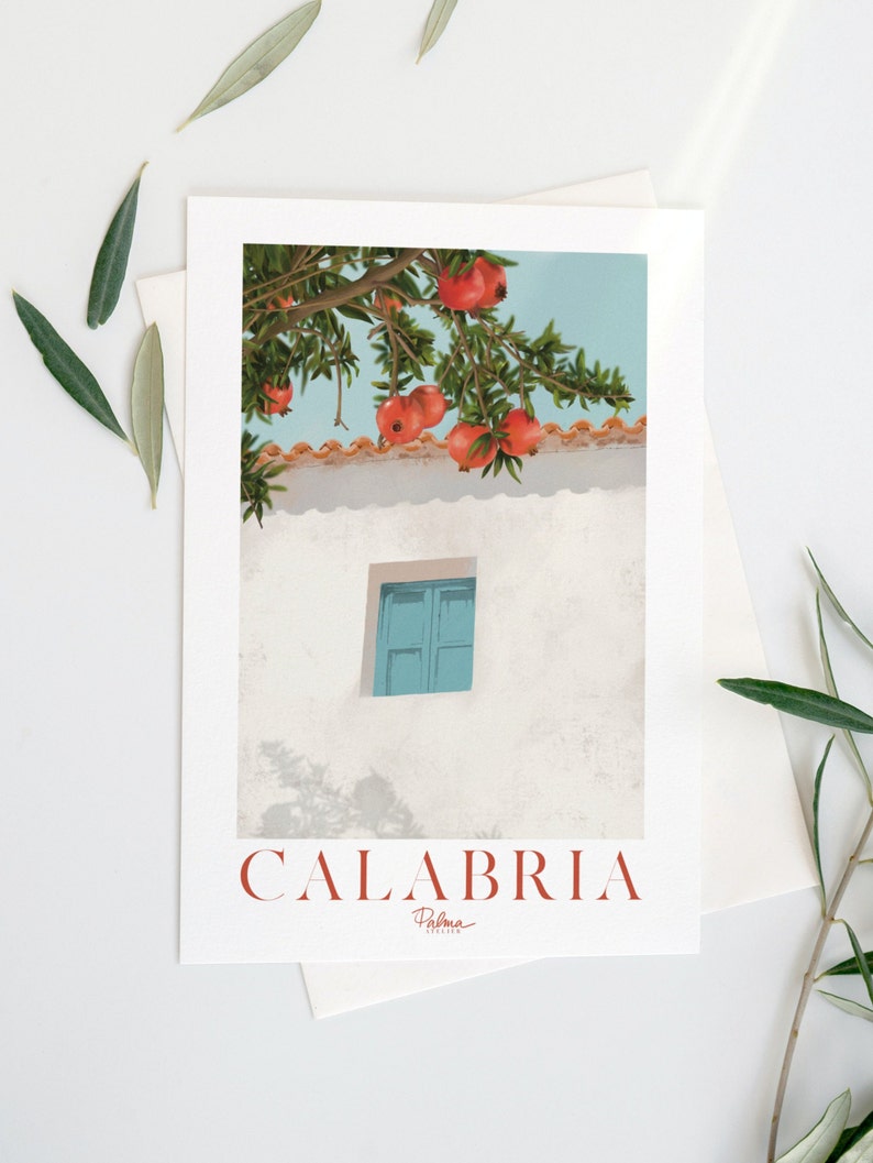 Poster "calabria" Illustration House Italy Fruit Tree Pomegranates Blue ...