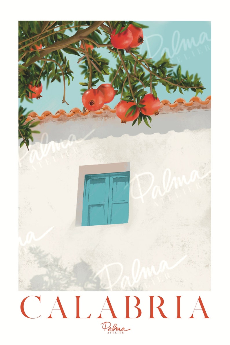 Poster "calabria" Illustration House Italy Fruit Tree Pomegranates Blue ...