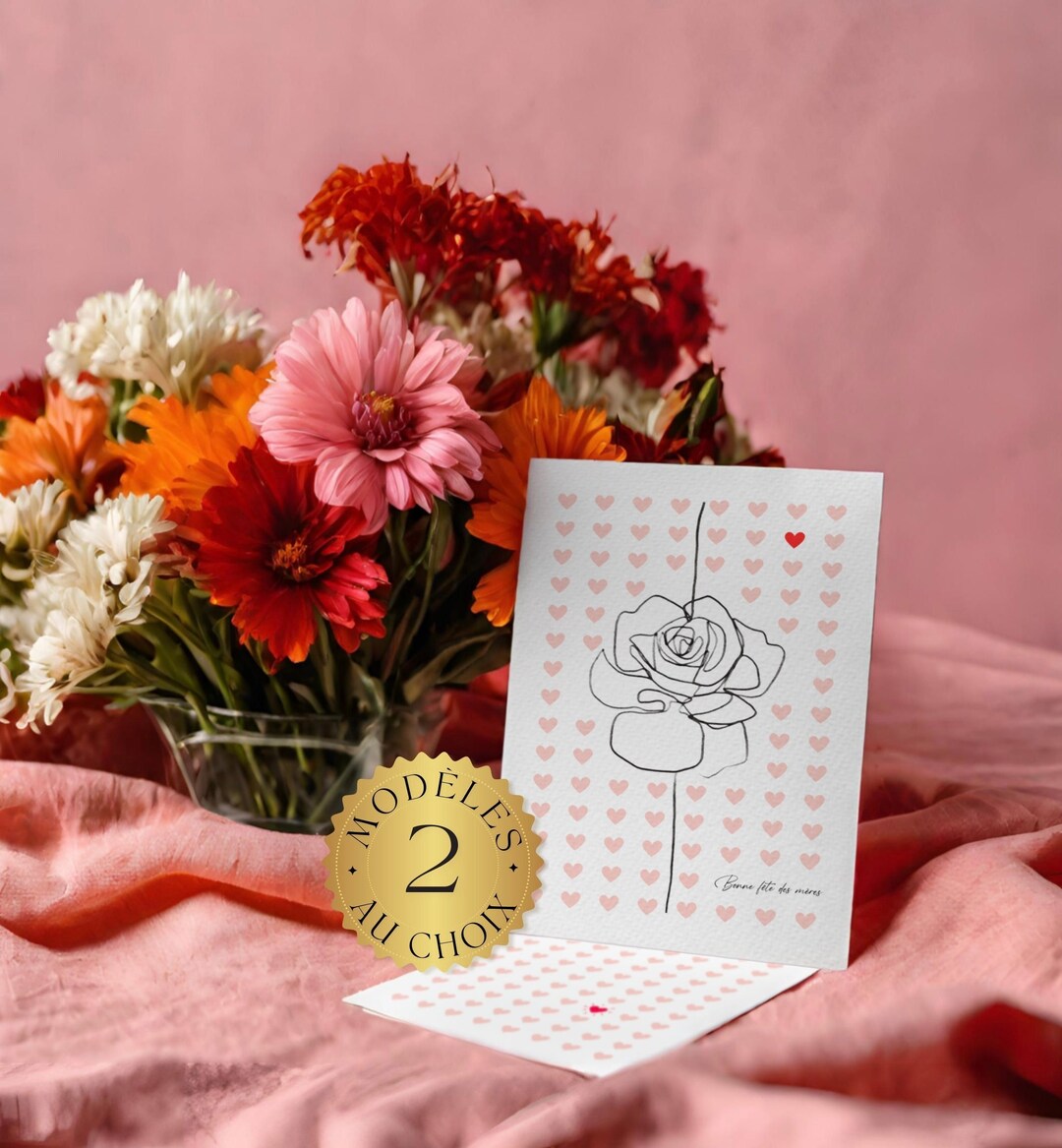 Mother's Day Card Small Hearts Drawing of a Rose Flowers Happy Mother's ...