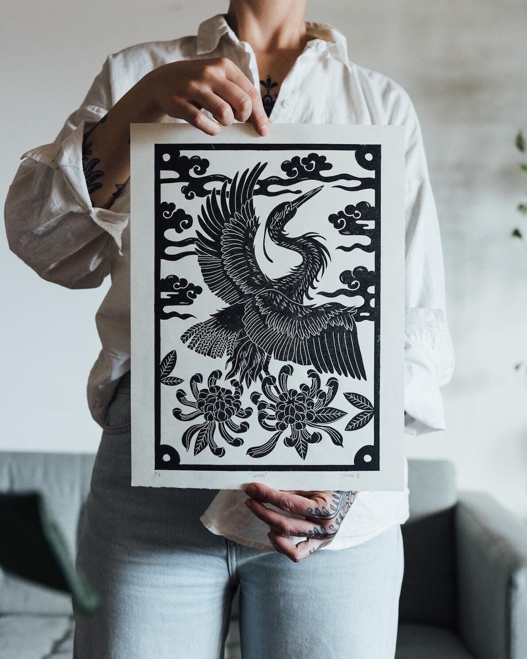 Handmade Crane Lino Print, Japanese Okawara Paper, Block Print - Etsy