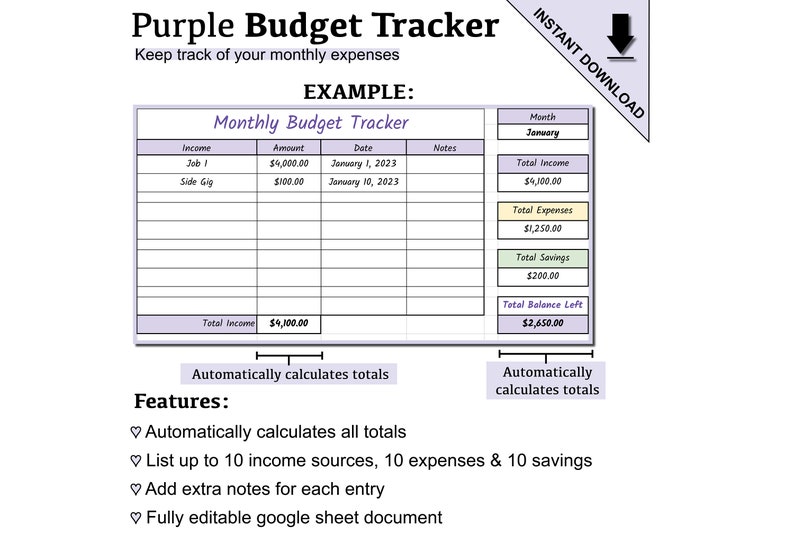 Editable Purple Monthly Budget Tracker Sheet | Google Spreadsheets ...