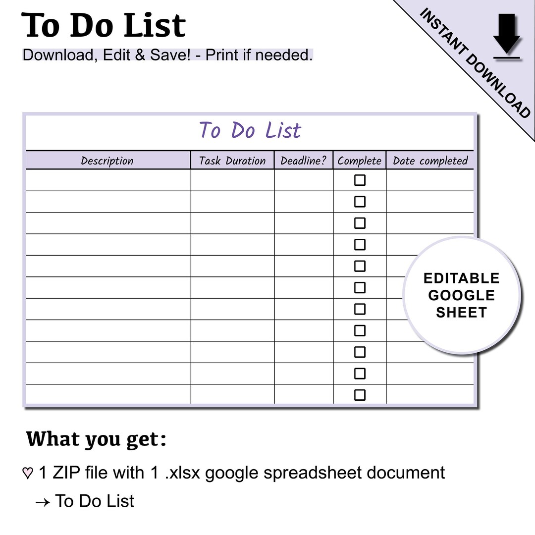 Editable to Do List Tracker for Business With Checkboxes Google ...