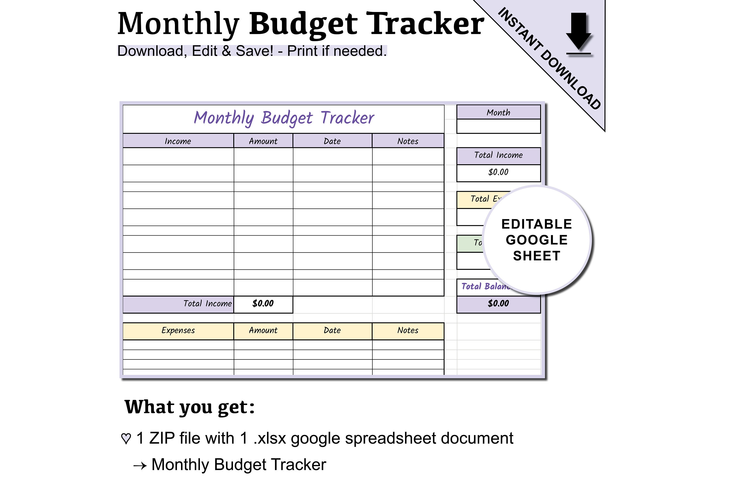 Editable Purple Monthly Budget Tracker Sheet Google Spreadsheets ...