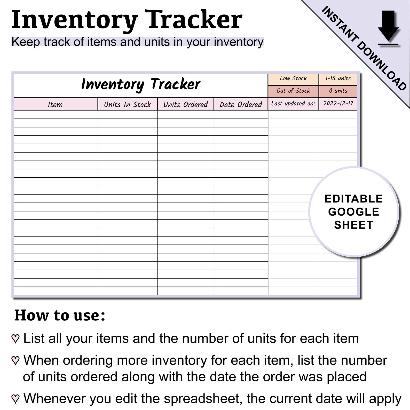 Editable Pink Inventory Tracker for Business Google - Etsy