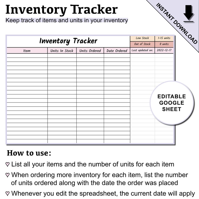Editable Pink Inventory Tracker for Business Google - Etsy