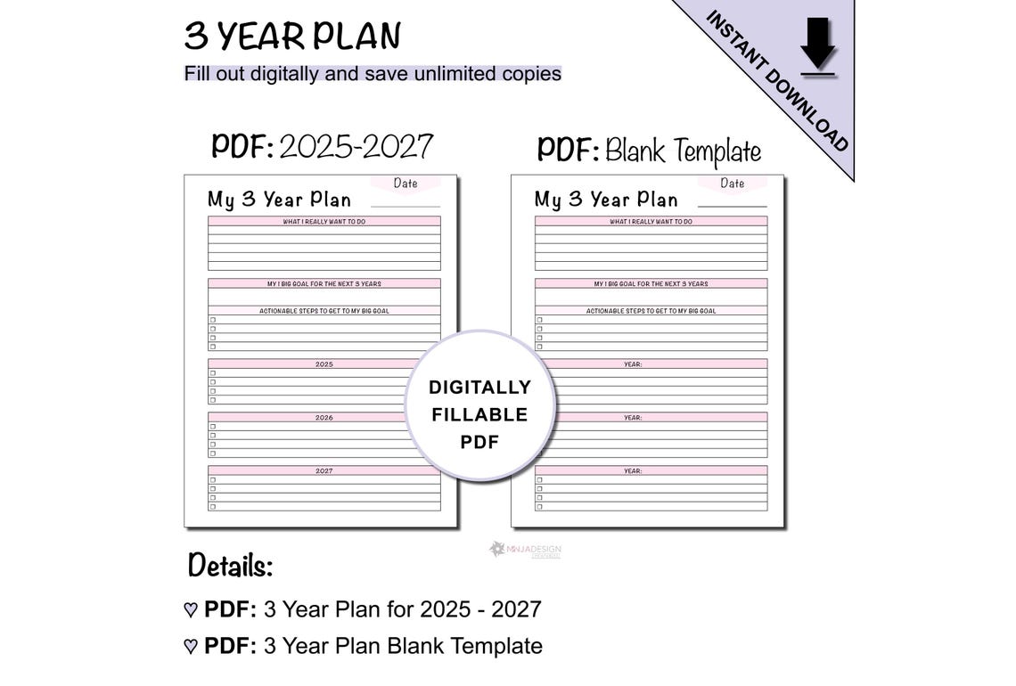 Fillable 3 Year Goal Planning Template for 2025 to 2027 Plus Blank ...