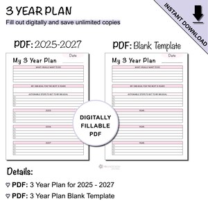 Fillable 3 Year Goal Planning Template for 2025 to 2027 Plus Blank ...