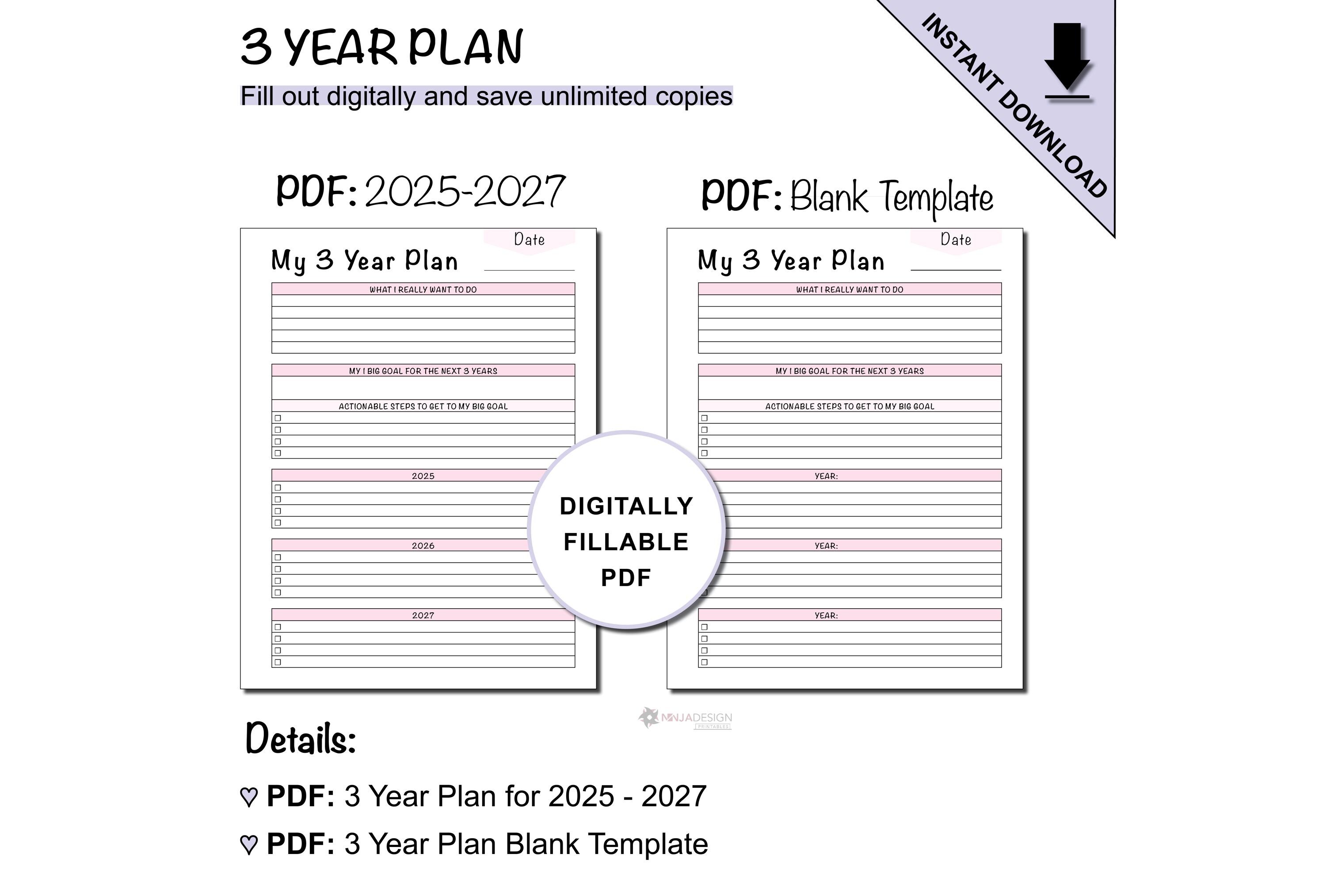Fillable 3 Year Goal Planning Template for 2025 to 2027 Plus Blank ...